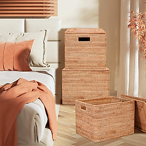FIYAMMY Rattan Basket With Lid, Large Lidded Basket For Storage Rattan Box(15.7" L×13"W×11.8"H)