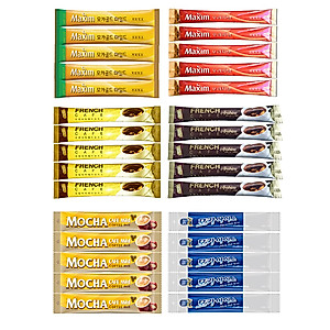 Instant Coffee Mix Packets Single Serve - Korean Variety Coffee Sampler 30 Sticks of 6 Different Flavors, Maxim Mocha, White Mocha, Original Maxim French Café (Variety 30 Pack)
