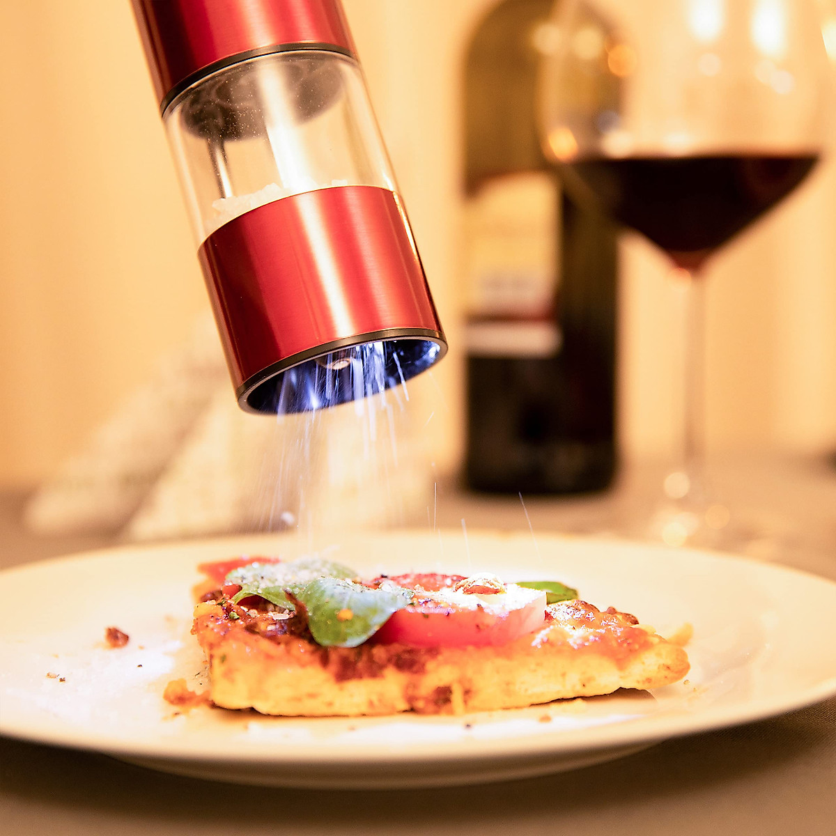 Relaxdays Electrical Pepper Mill, Set of 2, Stylish, LED Light, Spice Shaker, Stainless Steel, Battery-Operated, Red