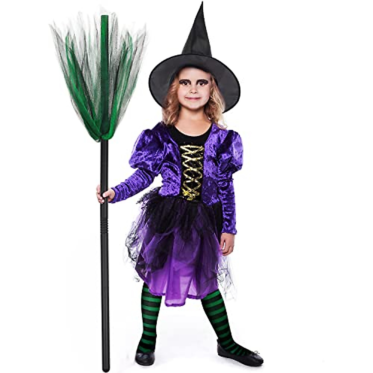 Halloween Witch Costume Accessories Set Witch Broom Plastic Broomstick Black Witch Hat Striped Tights for Halloween Party (Green)