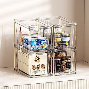 YCIA&DONE 4 Pcs Luxury Stackable Storage Drawers, Clear Organizers and Storage for Closet Bathroom Kitchen Under Sink Pantry, Easily Assemble Plastic Storage Bin for Makeup Cabinet Fridge Medicine
