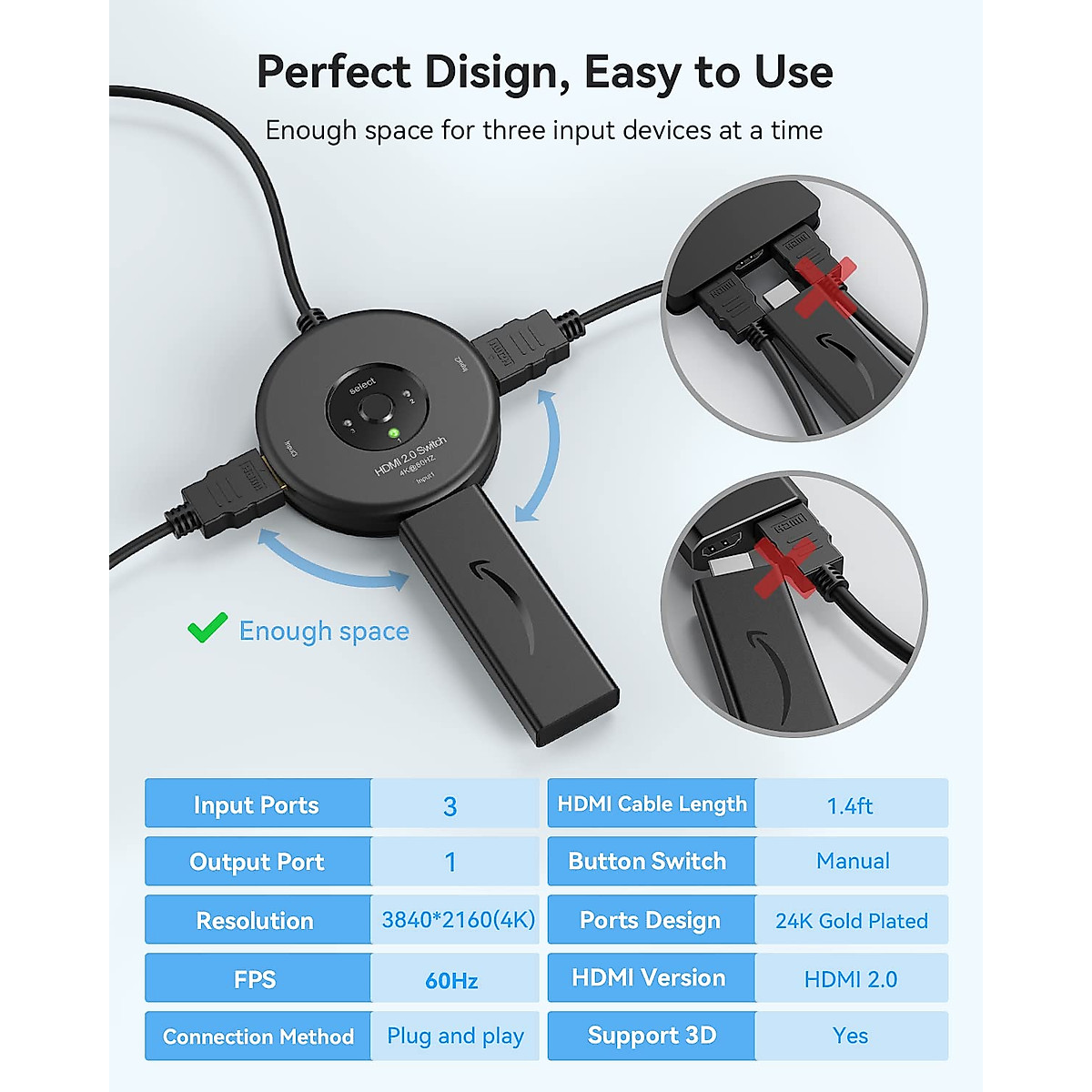 HDMI Switch 4K 60Hz, 3 in 1 Out HDMI Splitter for HDTV/Xbox/PS5/Fire Stick/DVD Player/PS4/PS3 4K 1080P 3D, Meofia HDMI Hub 3 Port HDMI Switch Box, HDMI 2.0 Switcher Multi HDMI Adapter