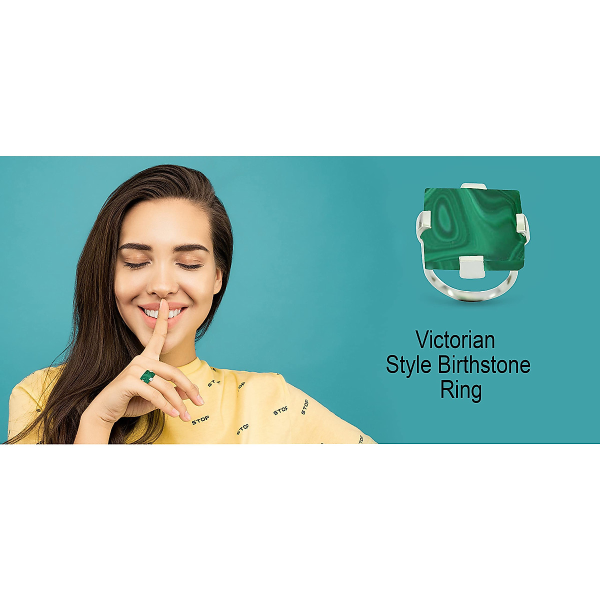 CaratYogi Malachite Emerald Cut Gemstone Ring 925 Sterling Silver Chakra Healing Fashionable and Stylish Handmade Rings for Men and Women Size P