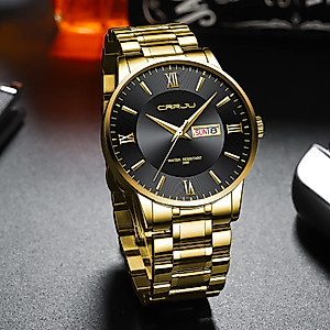 CRRJU Men's Fashion Luxury Golden Auto Date Watches Business Casual Japan Movement Quartz Waterproof Wristwatches for Men,Golden Stainsteel Steel Band Watch