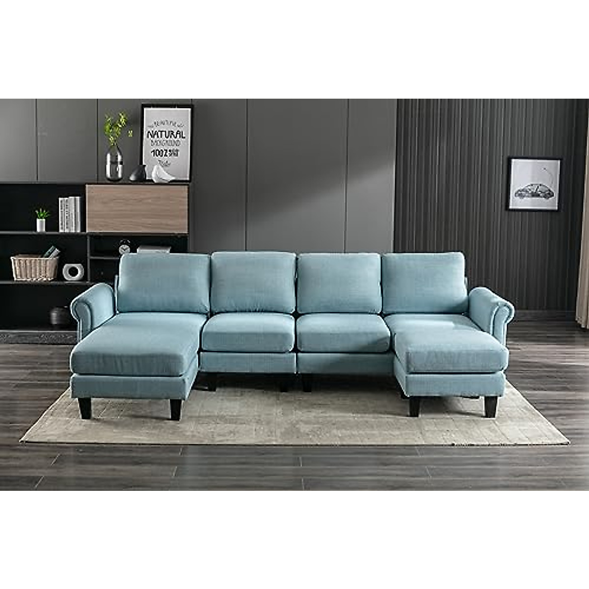 Convertible Sectional Sofa Couch, U Shaped Modular Accent Sofa with Ottoman and 2 Pillows and Solid Wood Legs, Modern Fabric Upholstered Sofa Set, for Living Room, Lounge, Light Blue