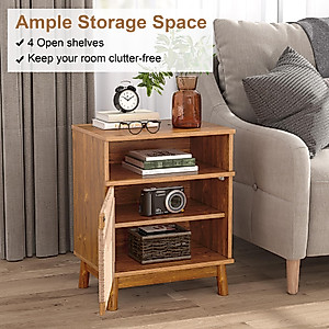 XIAO WEI Large Night Stand Set of 2 with Natural Paper Rope Hand-Woven Doors, Boho Nightstand Bed Side Table Accent End Table, Walnut