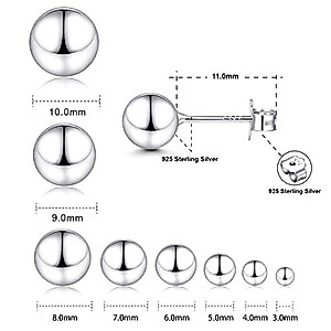 18K White Gold Plated Sterling Silver Ball Stud Earrings 3mm-8mm Options, Simple Polished Ball Studs Hypoallergenic Jewelry (5mm)