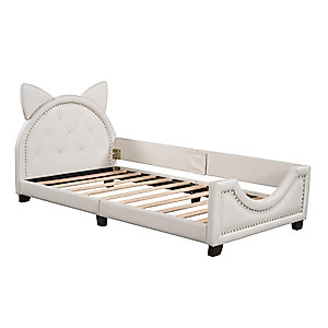 DREAMODERN Kids Twin Bed Frame with Headboard, Wood Cute Platform Bed Frame Upholstered Daybed with Carton Ears Shaped Headboard for Kids Girls Boys No Box Spring Needed - Beige