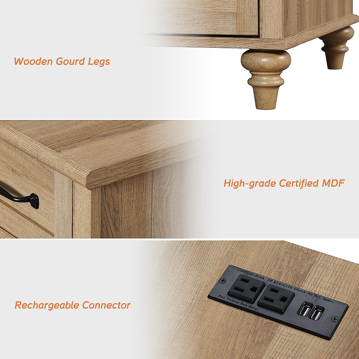 WAMPAT Farmhouse End Table with Charging Station, Light Wood Sofa Side Table with Drawer and Storage Cabinet, Narrow Nightstand with Power Outlets & USB Ports for Living Room, Bedroom, Oak