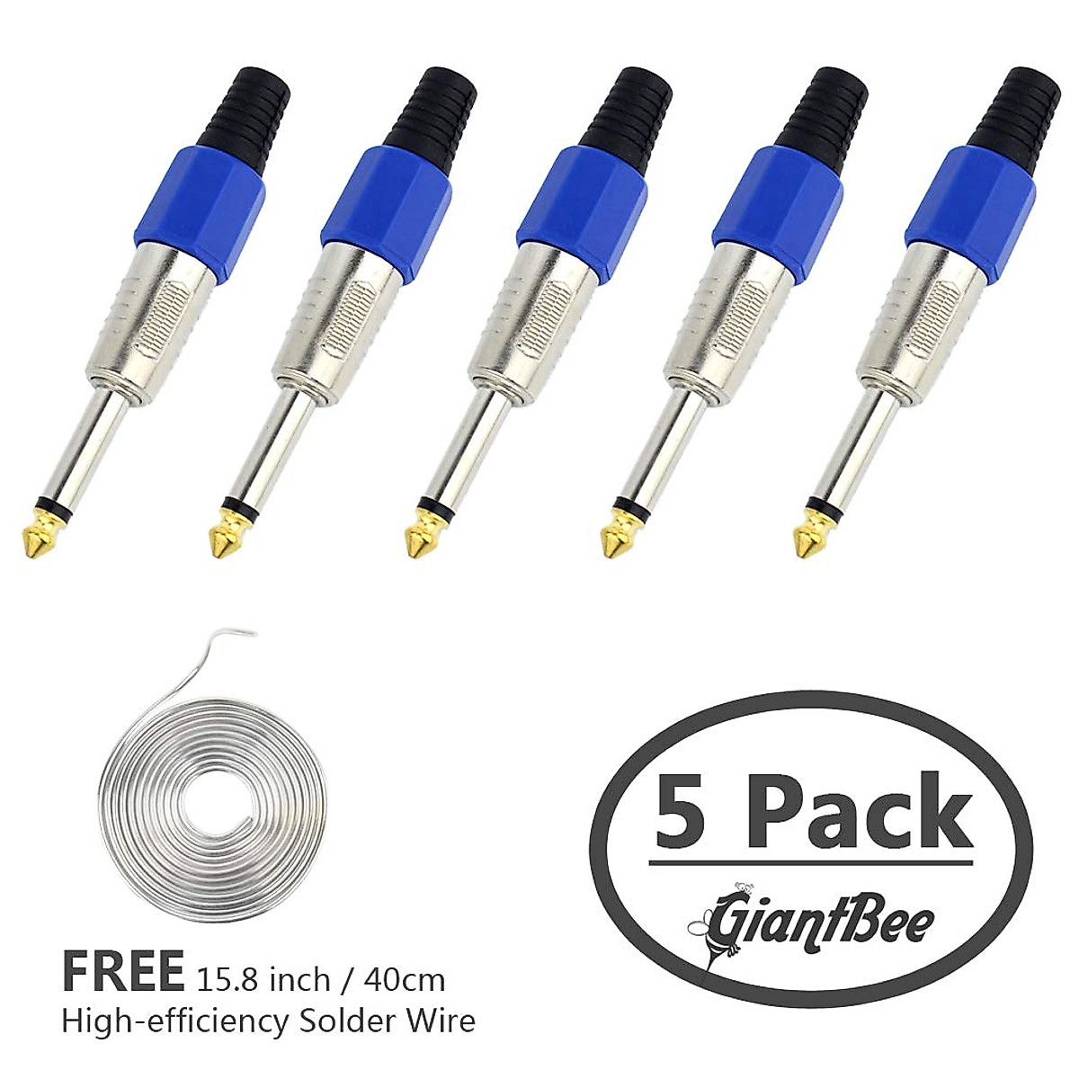 1/4" Audio Plugs 6.35 mm Plug TS 1/4 inch Solder Type Mono Plug Light Straight Design Connector for DJ Mixer Speaker Guitar Cables Phono Patch Cable Microphone Cables Durable ABS Material (5 Pack)