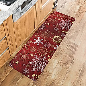 Libaoge Kitchen Mat Rug 1 PCS Christmas Golden Snowflake Red Runner Rug Anti-Fatigue Comfort Memory Foam Standing Mat Non-Slip Floor Door Mat for Bathroom Bedroom 24x71in