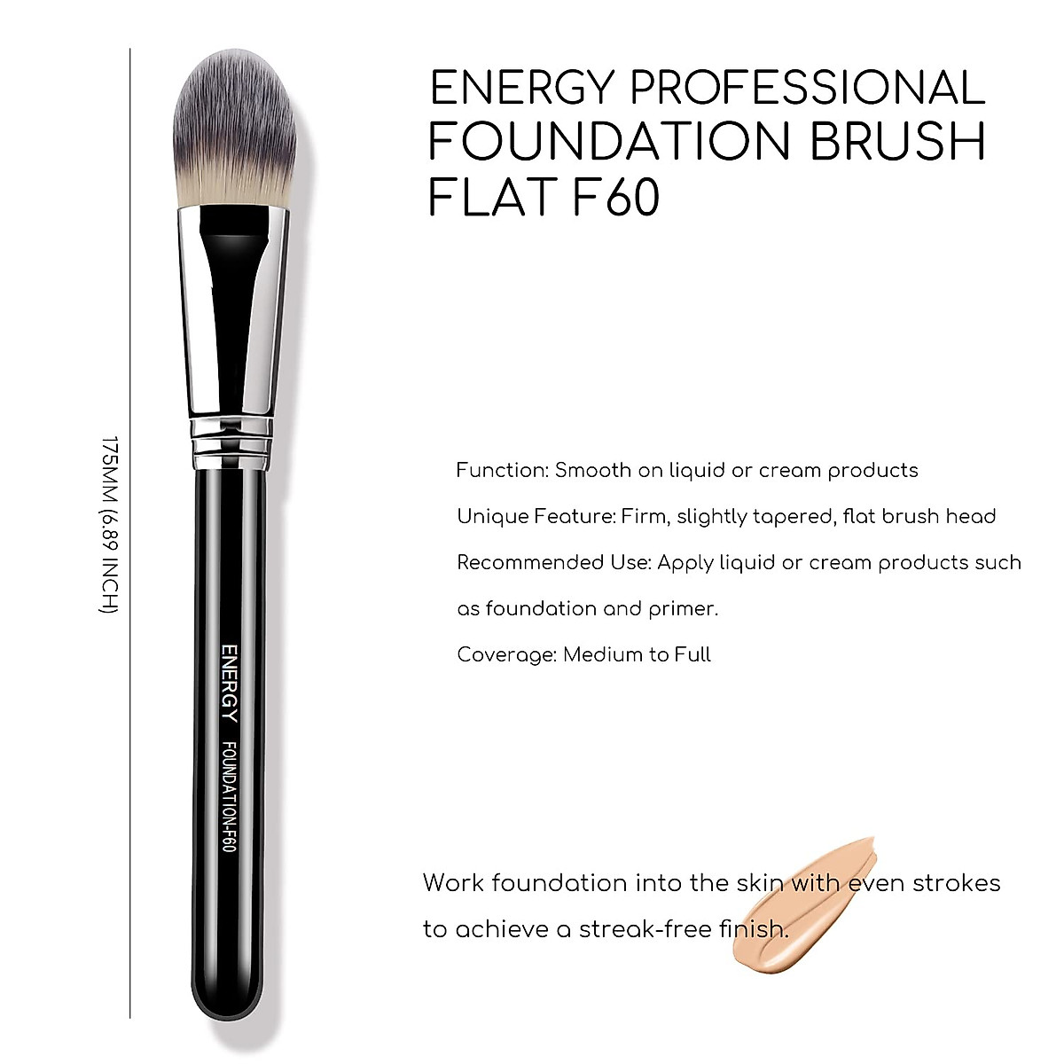 Flat Foundation Brush for Liquid Makeup ENERGY Tapered Foundation Makeup Brushes Large Flawless for Liquid Cream Cosmeitcs Buffing Blending Premium Vegan Dense Face Makeup Brush F60