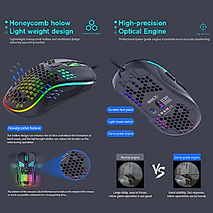 VEGCOO Honeycomb Wired Gaming Mouse, Ergonomic and Lightweight Computer Mouse with 6 Level DPI, Colorful Led Lights, 6 Programmable Buttons Gaming Wired Mice for Windows PC & Laptop Gamers (C32 Black)