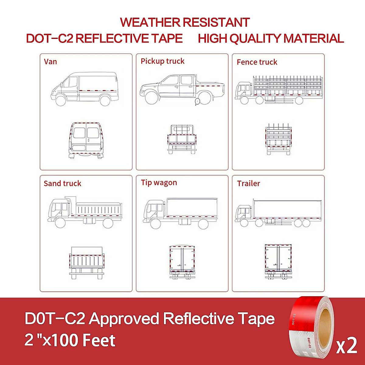 LEORAY DOT-C2 Reflective Tape, DOT Reflective Tapes 2" x200 Feet Waterproof Red and White Adhesive Reflector Tape for Trailer Cars Trucks Outdoor