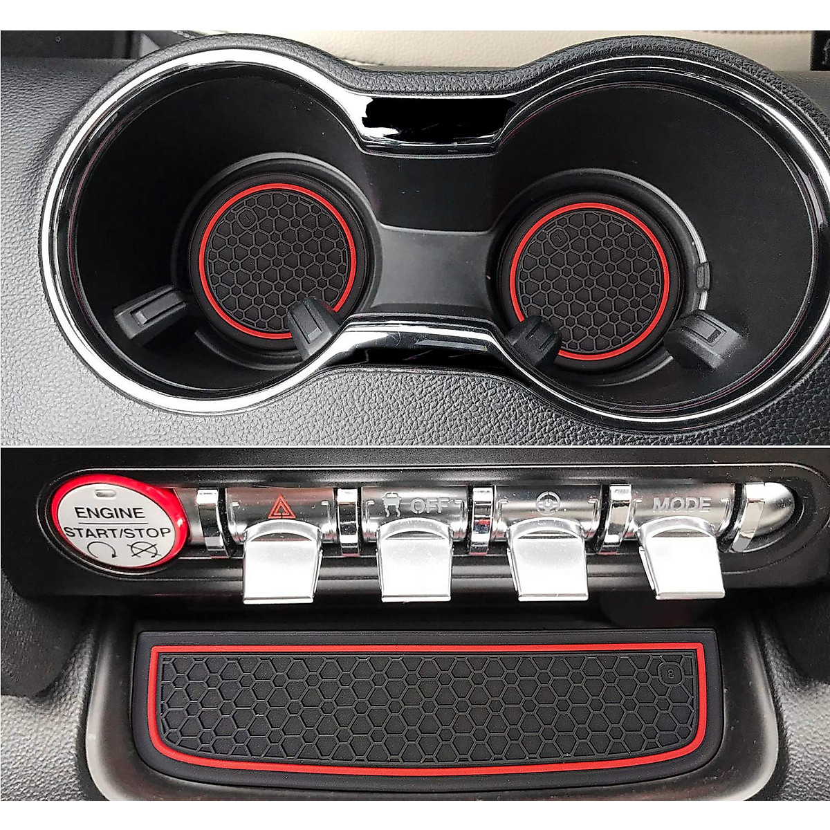 Auovo Anti Dust Mats for Ford Mustang 2023 2022 2021 2020 2019 2018 2017 2016 2015 Custom Fit Cup Holder Insert Liner Coaster Door Pads Interior Accessories (5 pcs/Set) (Red Trim)