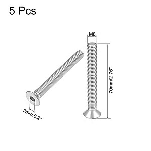 uxcell M8x70mm Flat Head Machine Screws Inner Hex Screw 304 Stainless Steel Fasteners Bolts 5Pcs