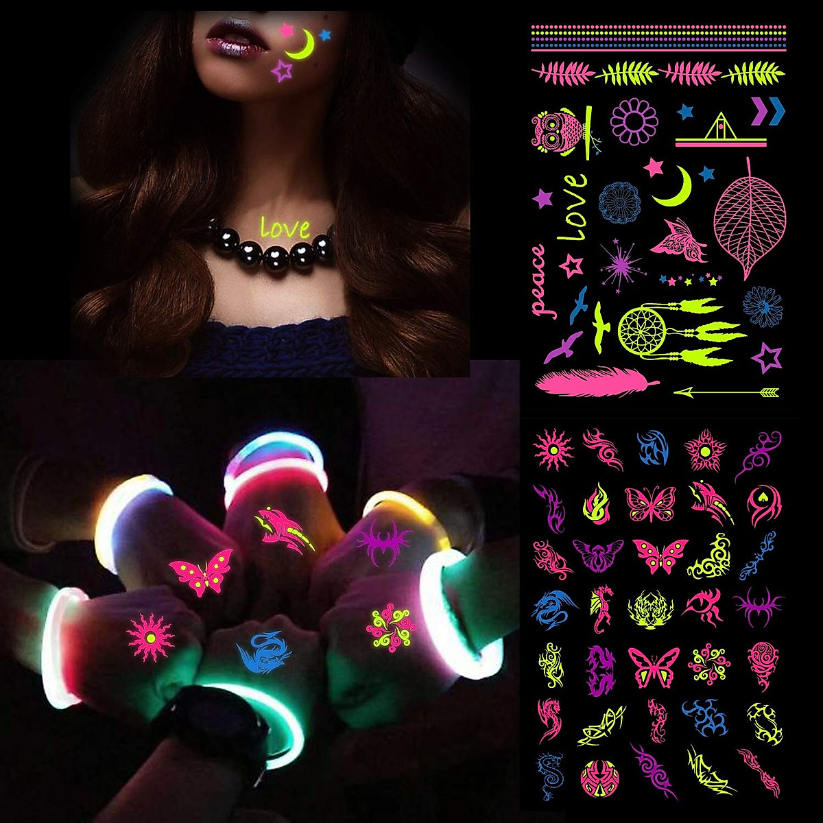 HOWAF 8 Large Sheets Neon Temporary Tattoos, 100+ Shimmer Designs Glow UV Neon Body Face Skin Tattoo Wolf Jewellery Tattoos Flash Fake Waterproof Tattoo Stickers for Women Men Girls Body Art