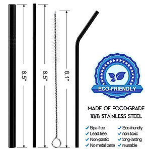 kometer 8 Pcs Reusable Straws With cleaning brush, 8.5" Stainless Steel suitable for glasses, drinks, cocktails (black)