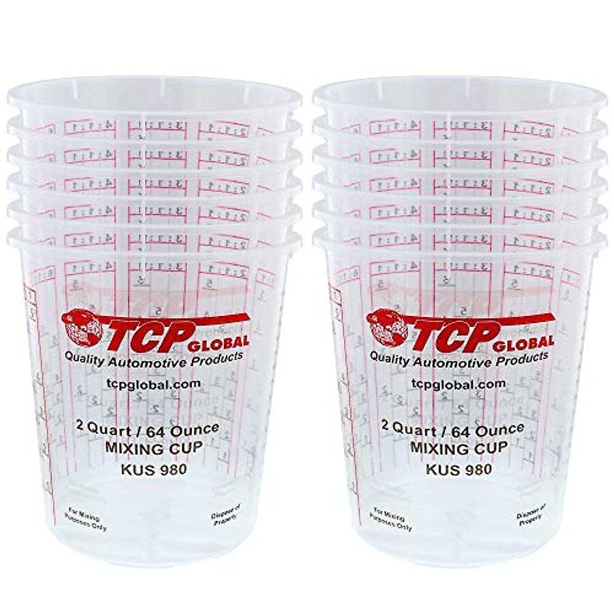 Custom Shop - Pack of 12-64 Ounce Graduated Paint Mixing Cups (2 Quarts) - Cups Have Calibrated Mixing Ratios on Side of Cup - Cups Hold 80-Fluid Ounces