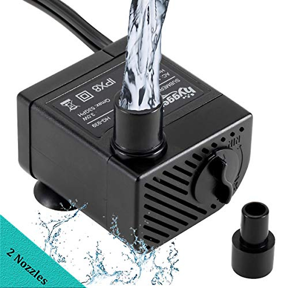 Hygger Ultra Quiet 53GPH (200L/H, 3W) Submersible Mini Water Pump Comes with 2 Nozzles, for Aquariums, Fish Tank, Fountain, Max Lift Height 1.7ft ,120V/60HZ, Power Cord 6ft