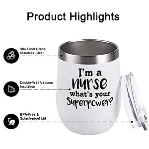 I'm a Nurse Wine Tumbler with Lid and Straw, Insulated Stainless Steel Wine Tumbler with Lid, Gifts for Nurse, New Nurse, RN Nurse Women on Nurse Week Graduation Thanksgiving Birthday (12 Oz, White)