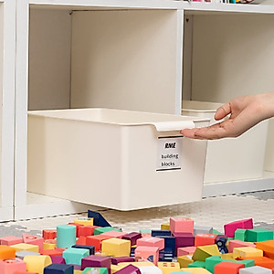 LUFOFOX Set of 2 Plastic Storage Baskets for Shelves with Labels,Small Pantry Organizer,White Storage Tray Baskets for Kitchen,Countertop,Cabinet, Bedroom,Office and Bathroom(Large,White)