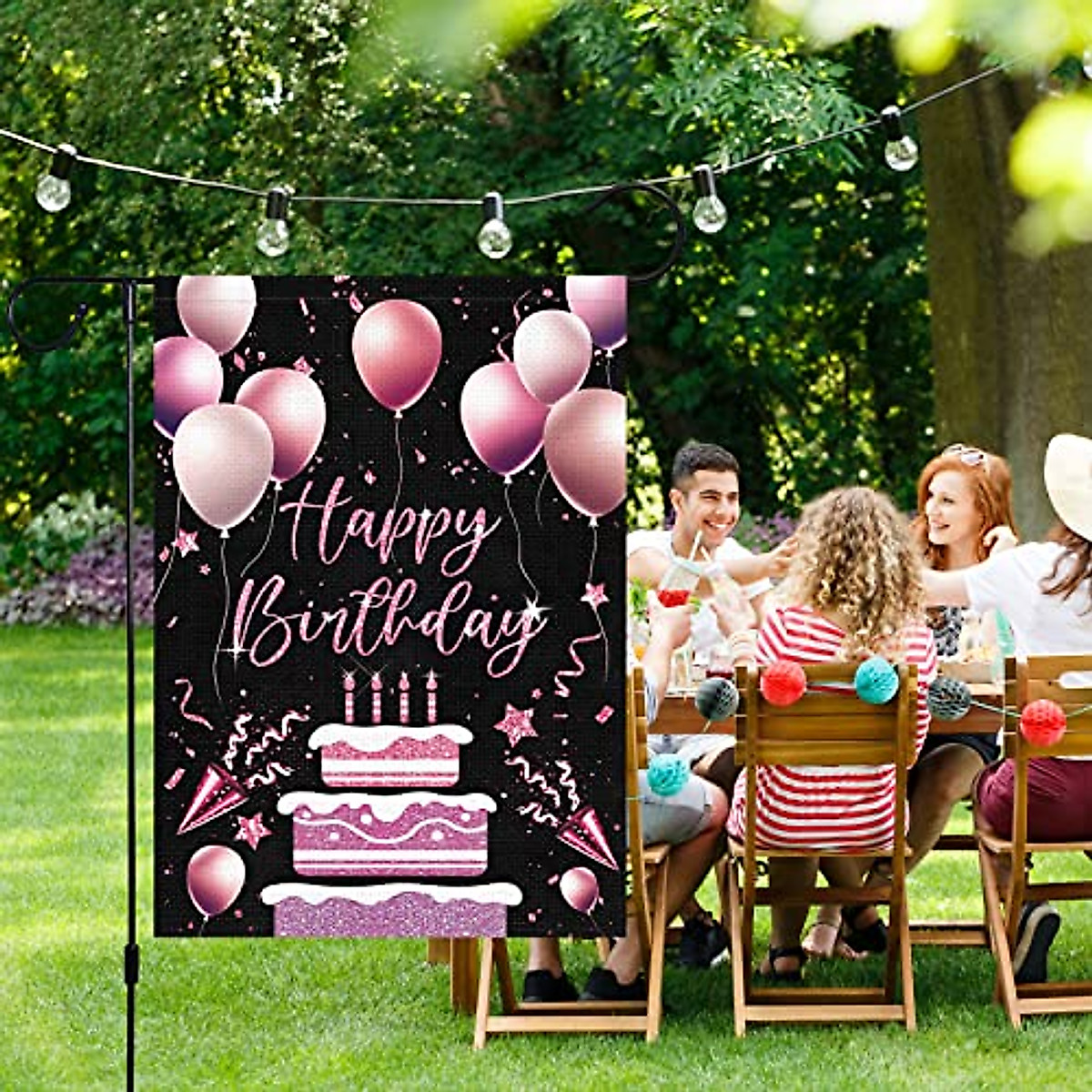 Happy Birthday Garden Flag Balloons Pink Birthday Cake Yard Flags 12x18 Inch Double Sided Burlap Banner for Farmhouse Outdoor Prime Birthday Party Celebration Decoration(ONLY FLAG)