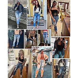 OFLUCK Women Ripped High Waisted Jeans Frayed Raw Hem Regular Fit Boyfriend Distressed Denim Pants with Hole Blue