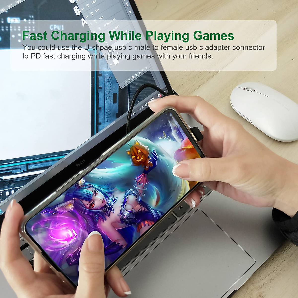 2PCS 180° USB C Female to Male Adapter. Type C U-Shape Converter Support 4K Video & Audio, 10Gbps Data Transfer & PD Fast Charger for All USB Type-C Phone Laptop Tablet. (Black)