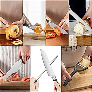 KIMIUP 9 Pieces Kitchen Knife Set with Block,5 Stainless Steel Knives and Scissors Peeler Knife Sharpener with Stand 360 Degree Revolving Base,Black Handle