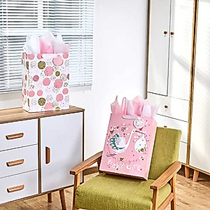 SUNCOLOR 16.5" Extra Large Gift Bags for Baby Shower with Tissue Paper(2 Pack, Baby Girl)