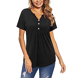 LAISHEN Women's Short Sleeve Henley V Neck Shirts Button Down Tunic Tops Casual Summer Blouse(Black,L)