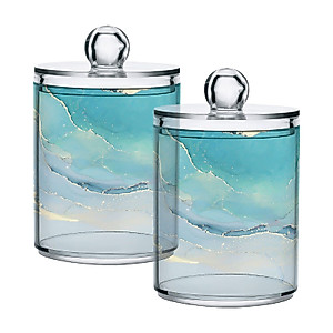 Turquoise Gold Splash Marble Qtip Dispenser Apothecary Jars Bathroom Qtip Holder Storage Canister Plastic Jar 10 Oz for Cotton Ball Swab Round Pads Floss 2pcs