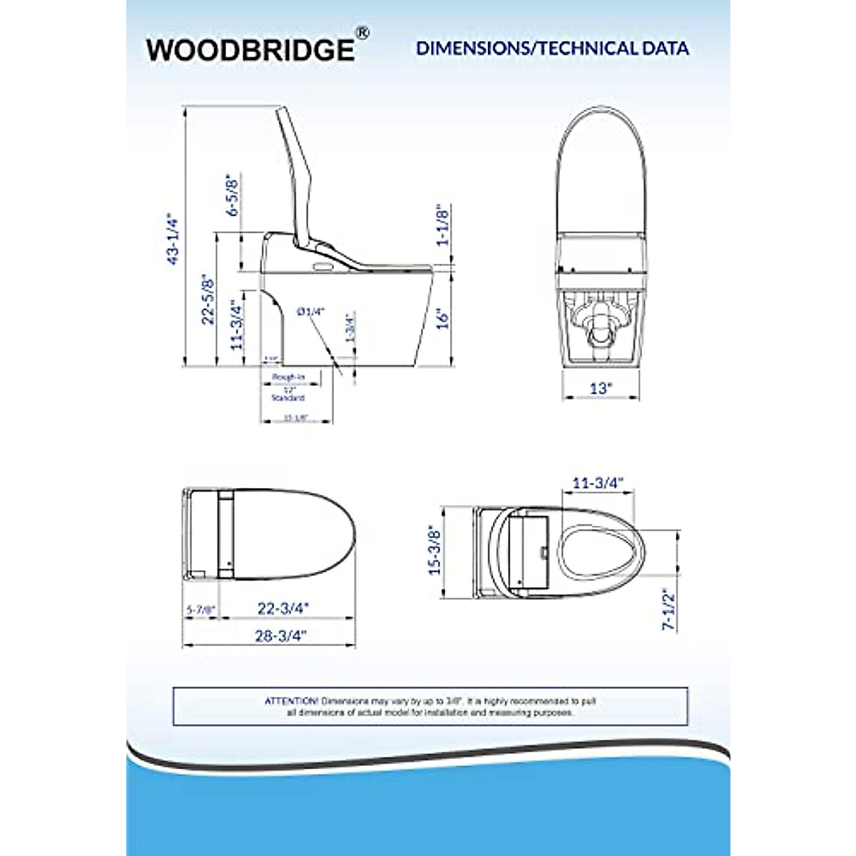 WOODBRIDGE B0960S Auto Flush, Auto Open & Auto Close, 1.28 GPF Single Flush Toilet with Intelligent Smart Bidet Seat and Wireless Remote Control, Chair Height