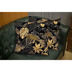 silichee Couch Pillow Covers 20 X 20 2 Pack Pattern with Gold and Black Tropical Leaves on Dark Background for Sofa Bedroom Couch Halloween Christmas Thanksgiving