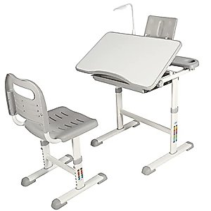 RedSwing Kids Desk and Chair Set, Adjustable Height Children Study Table Chair with Led Light, Bookstand, Portable Kids Desk with Tilted 0-60° Table Top for Age 3-15, Gray