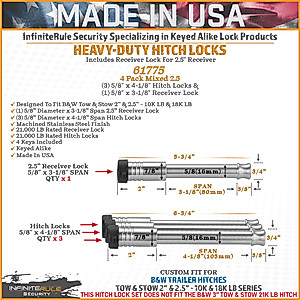 InfiniteRule Security 61775 | 4 Pack Mixed 2.5, Keyed Alike, Hitch Locks for B&W 2.0" & 2.5" Tow & Stow 10K LB & 18K LB - Includes Lock for 2.5" Receiver