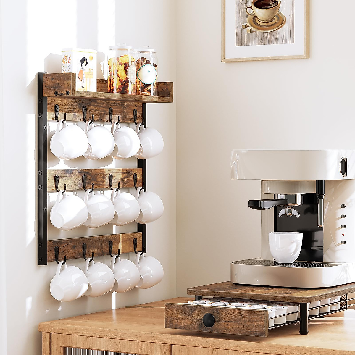 YATINEY Coffee Mug Holder Stand, 3 Tier Mug Tree Holder Rack, Mug Cup Rack Stand, Coffee Mug Rack can Hanging 12 Cups, with Top Shelf, for Kitchen and Coffee Station, Rustic Brown MH42BR