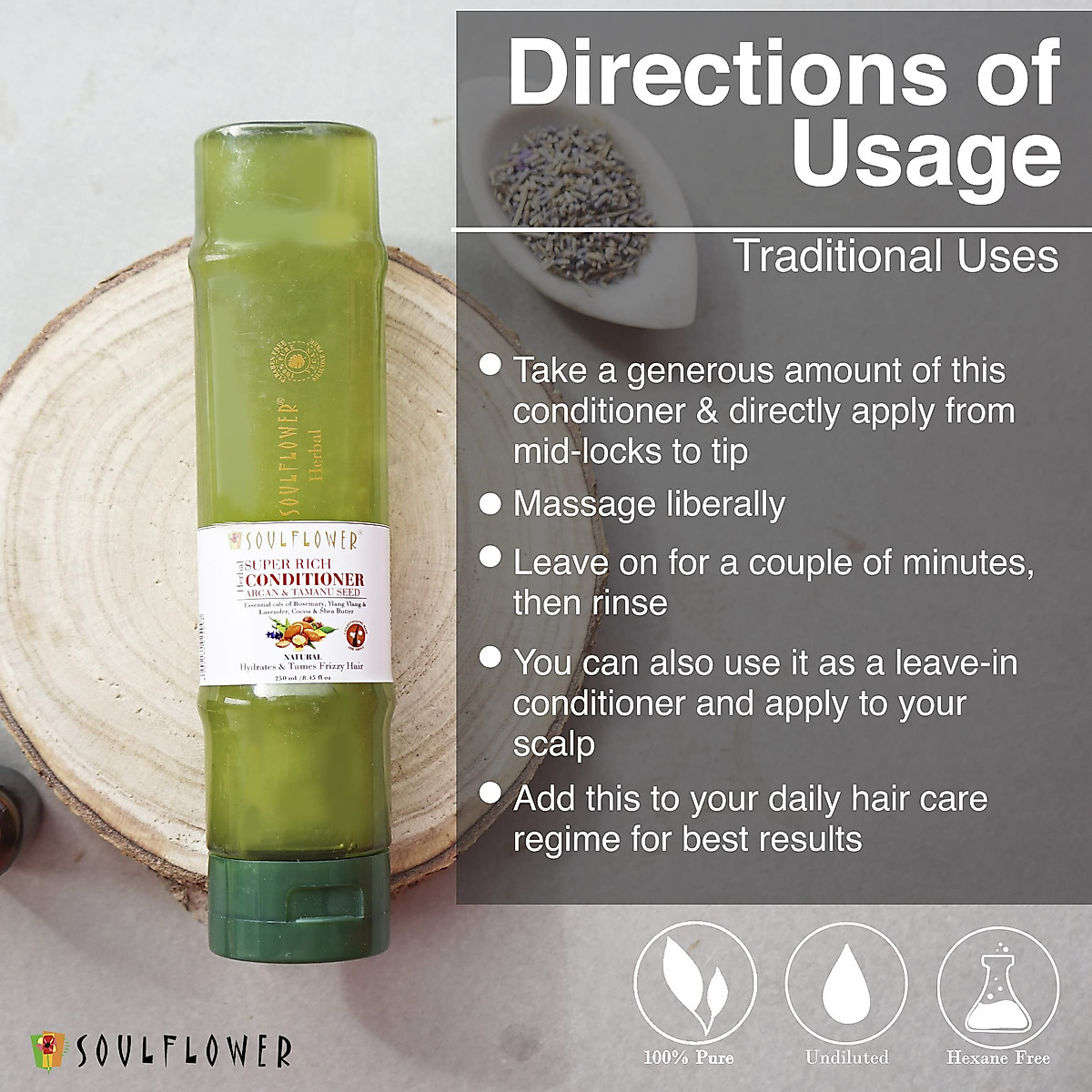 Soulflower ROSEMARY ARGAN HAIR CONDITIONER FOR FRIZZY HAIR, WITH LAVENDER ESSENTIAL OIL, TAMANU SEED, COCOA & SHEA BUTTER, SULFATE FREE, 250ML/ 8.45 FL OZ