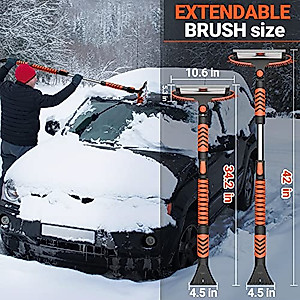 VOLTASK Extendable Snow Brush and Ice Scraper with Squeegee, Extendable Aluminum Handle, Pivoting Brush Head, Ergonomic Foam Grip, 3 in 1 Snow Removal Tool for Car, Truck, SUV