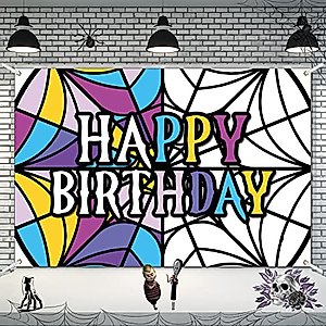 Wednesday Addams Birthday Decorations Wednesday Addams Stained Happy Birthday Backdrop Banner for Wednesday Addams Birthday Party Supplies 5x3FT
