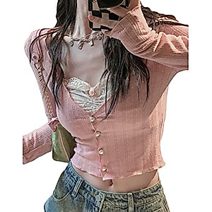 Y2K Women Lace Patchwork V-Neck Knitted Aesthetic Crop Tops Fall Long Sleeve Flim Fit Fairy Grunge Shirt E Girl Streetwear (Pink, S)