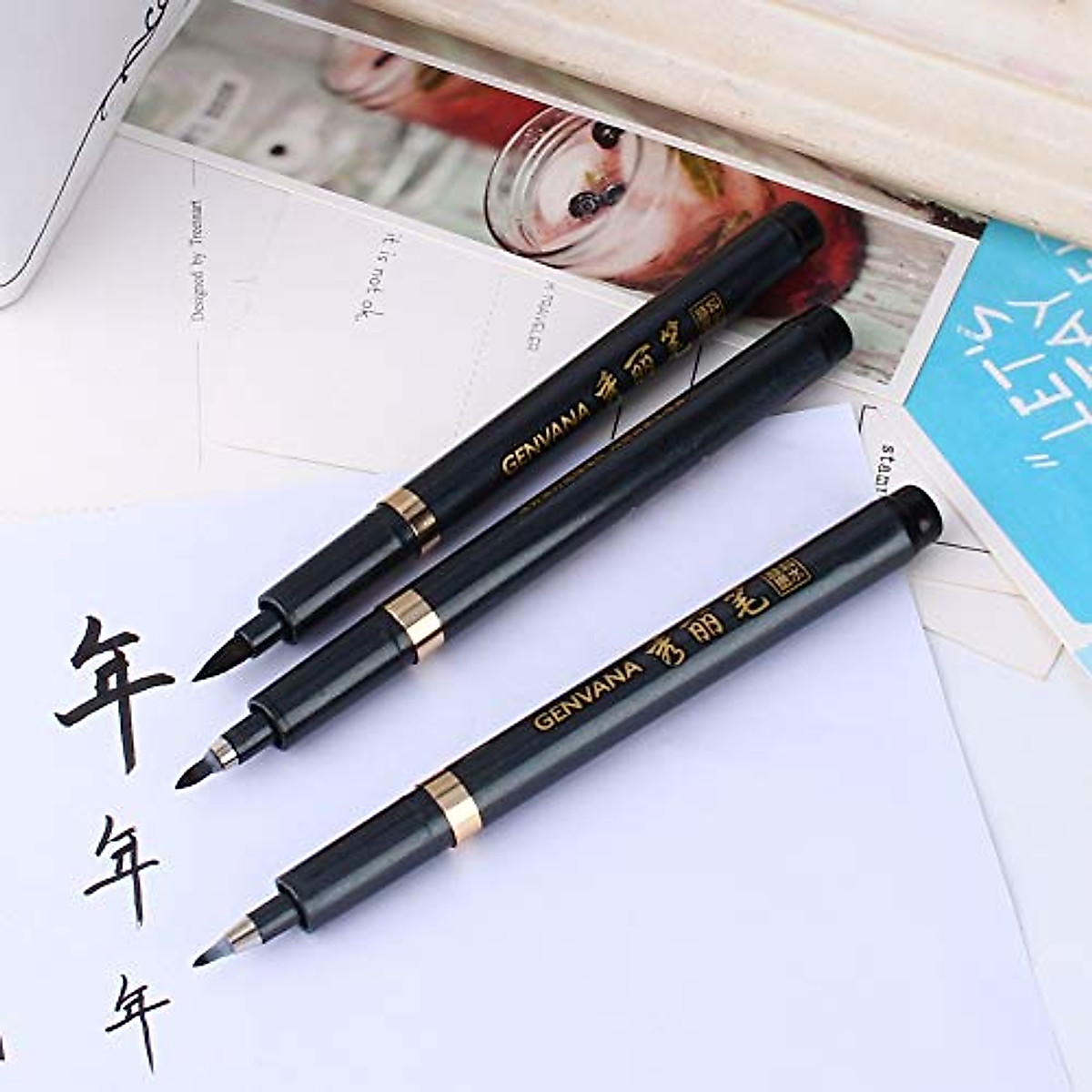 Ink Brush Pen- 3 Size Black Shodo Japanese Chinese Calligraphy Pen for Beginners Writing, Lettering, Signature, Illustration, Design (Pack of 3pcs)