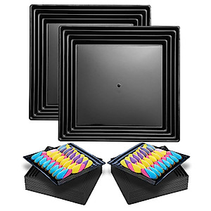 Disposable Plastic Serving Tray 24 Pcs, Heavyweight 12”x12” Square Black Appetizer Serving Platters, Party Set For Wedding, Birthday & All Occasions