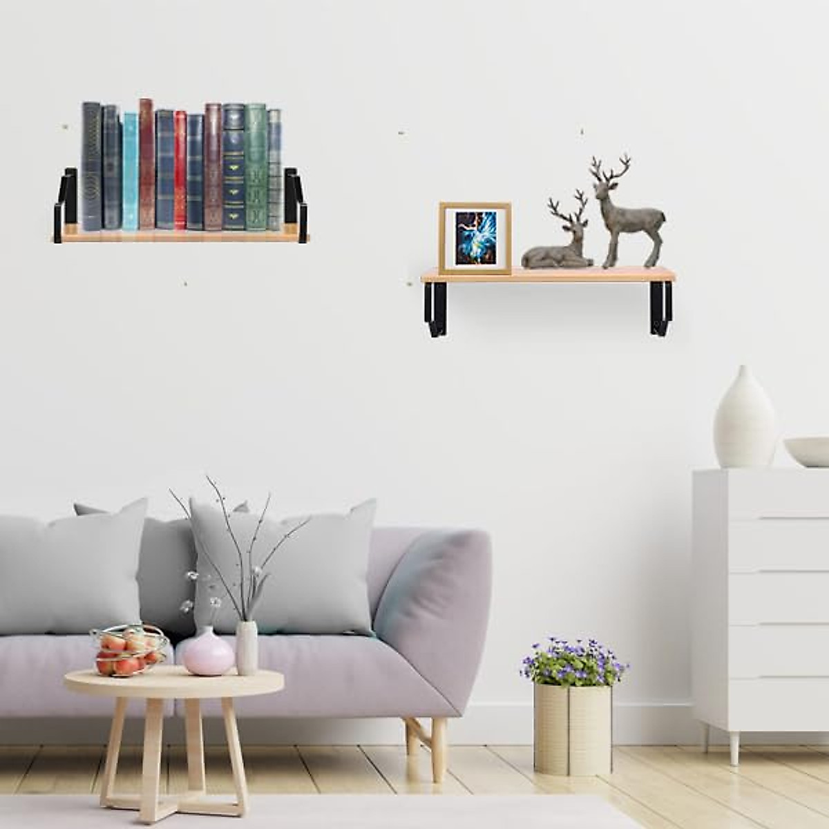DEMSFIA Floating Shelves for Wall, Small Wood Wall Mounted Bookshelf Set of 2 for Living Room, Office, Bedroom, Kitchen, Bathroom Storage, Solid Pin Wood 17.3" x 7.4"