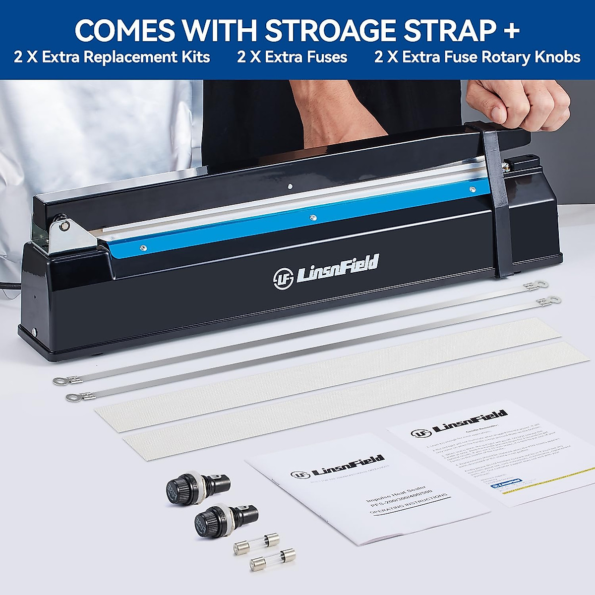 LinsnField Sealer Pro, Patented 8inch Impulse Heat Bag Sealer, 2mm Sealing Width Poly Bag Seal Machine, 2 Replacement Kits 2 Fuses Included, Blue