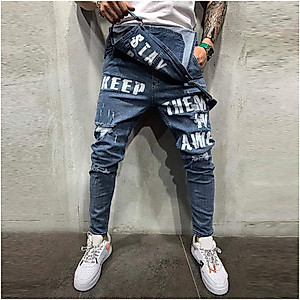 NEARTIME Jumpsuit Jeans for Mens, Mens Hole Pocket Jeans Overall Jumpsuit Streetwear Overall Suspender Pants