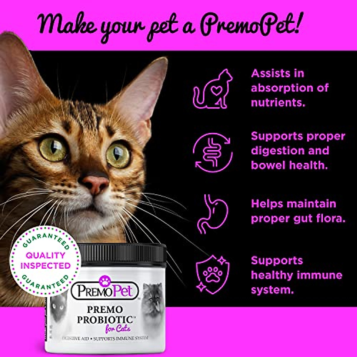 PROBIOTIC for Cats – 120 Servings - Premo Pet – Digestive Aid Plus Prebiotics - Best for Diarrhea, Vomiting, Gas, Skin Conditions – Tasteless – Wheat & Dairy Free – GMP – Vet Approved