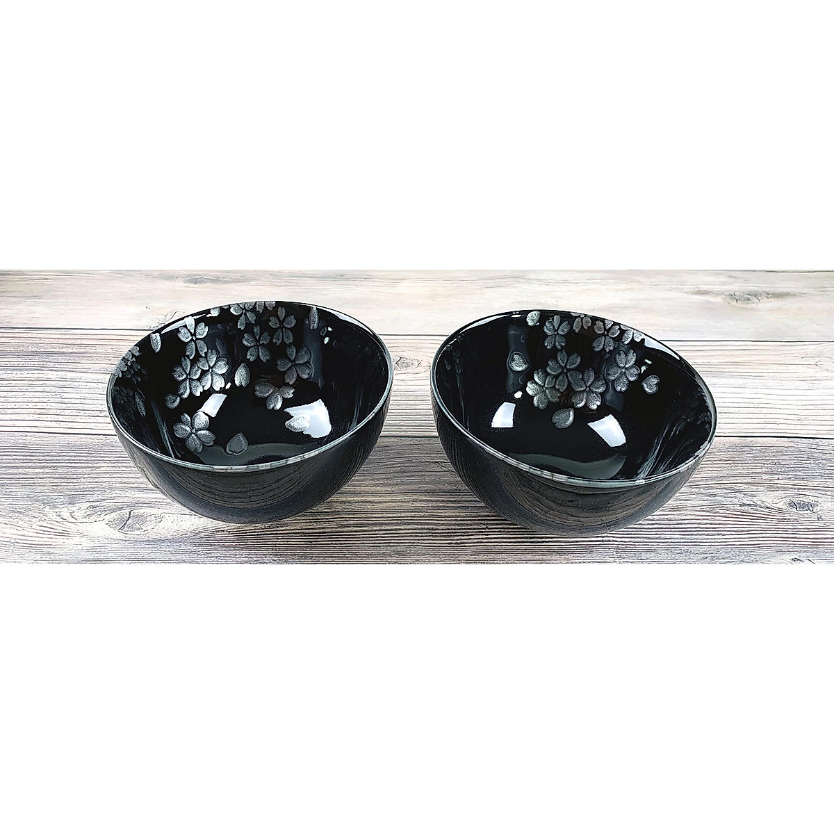 JapanBargain 4690, Japanese Porcelain Rice Bowls Gift Set,Cherry Blossom Sakura Pattern Miso Soup Bowls, Black and Silver Color, Set of 5, Made in Japan