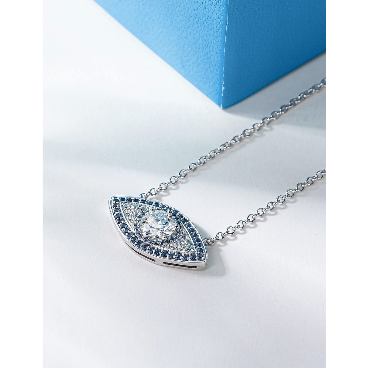 CannyCat Moissanite Evil Eye Pendant Necklace 1.2 CTTW D color VVS Moissanite and Sapphire Necklaces Lab Created Diamond Platinum Plated Sterling Silver Chain 16”+2” Lucky Gift for Women